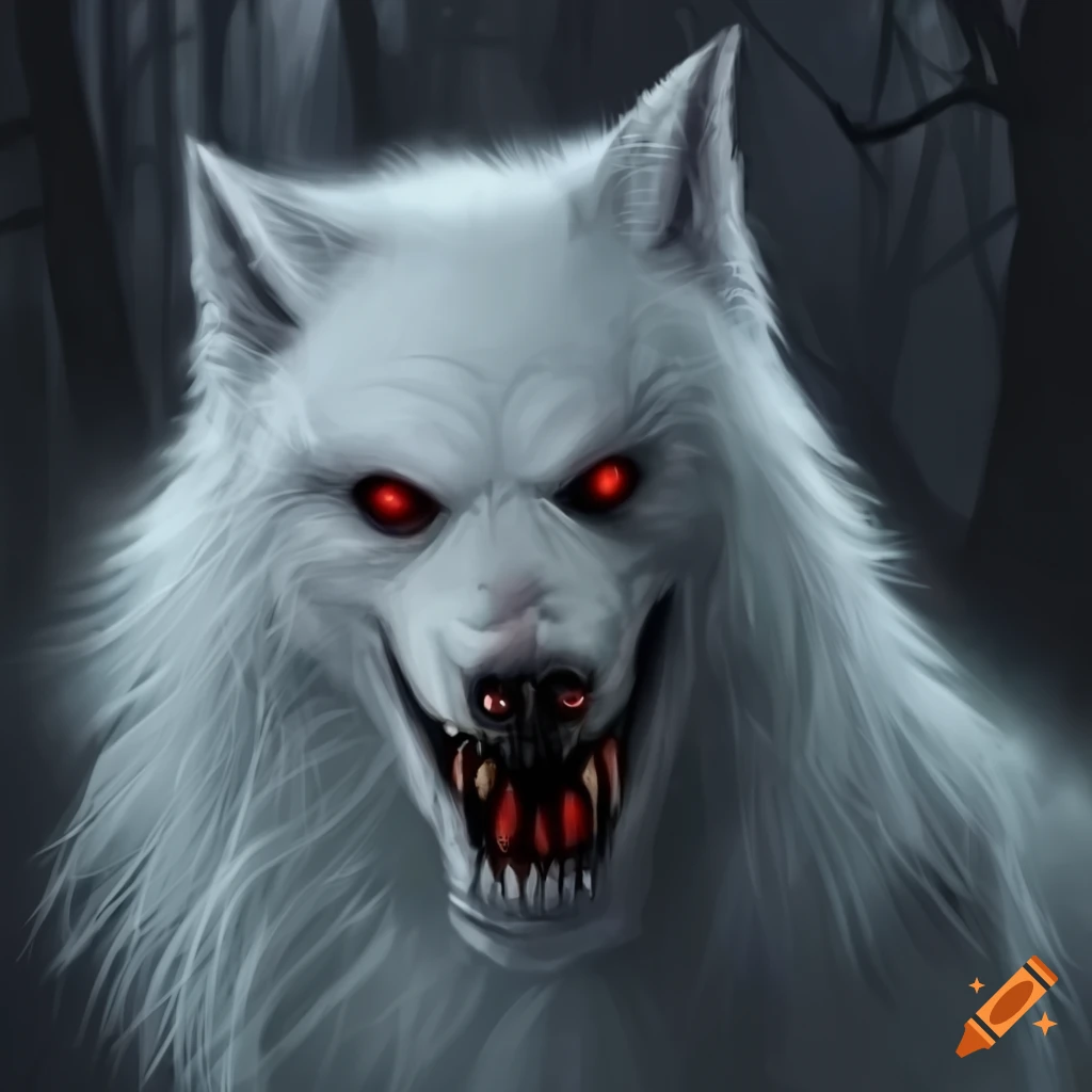 Scary white werewolf in a dark setting on Craiyon