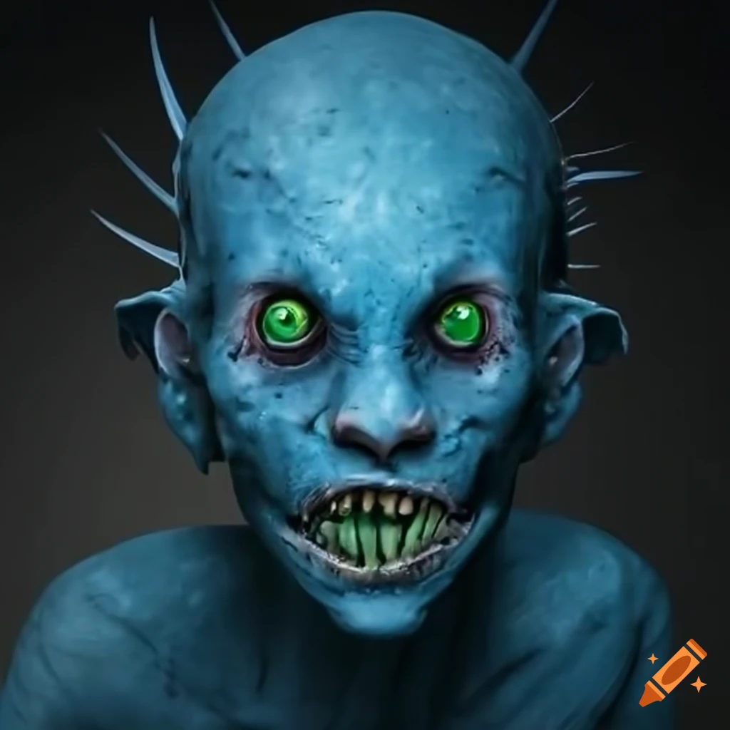 Blue humanoid creature with spikes and green eyes on Craiyon