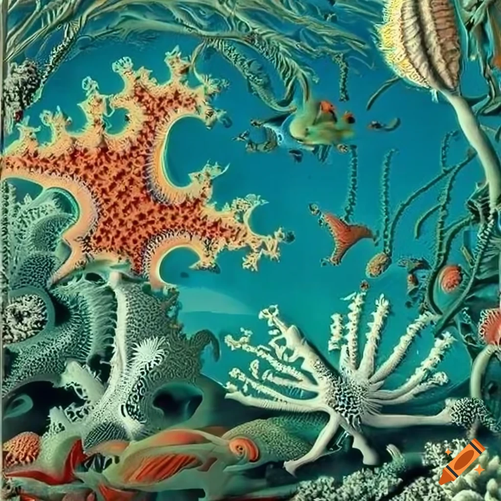Surreal coral reef artwork inspired by yves tanguy, rousseau, haeckel ...