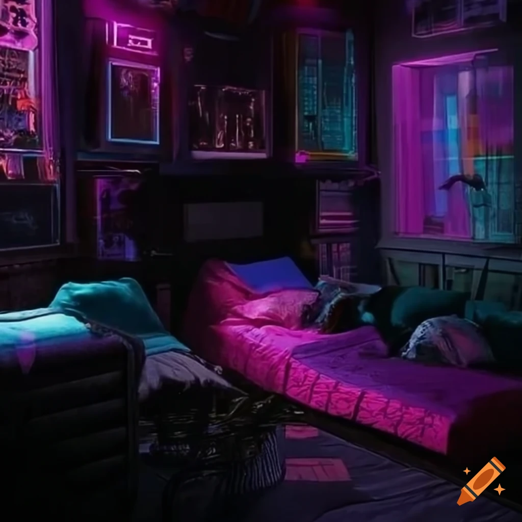 Cozy goth cyberpunk bedroom on Craiyon