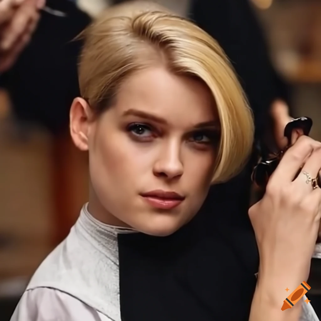 Alice Eve getting a haircut in a barbershop on Craiyon