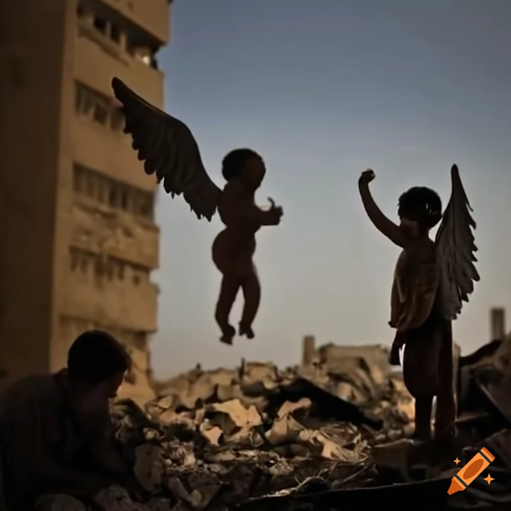 Image of angelic children flying over bombed ruins in Gaza on Craiyon