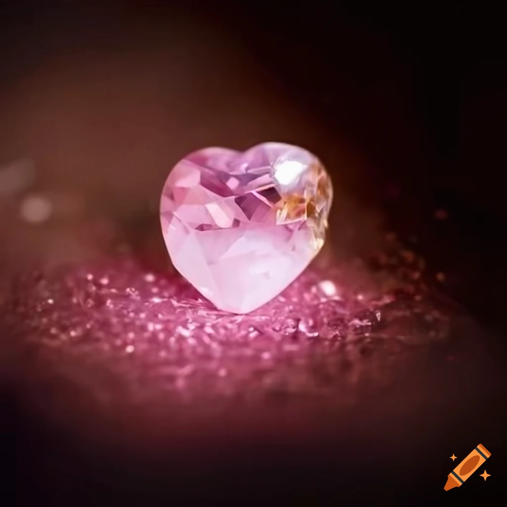 Pink heart-shaped gemstone on a pile of citrine crystals