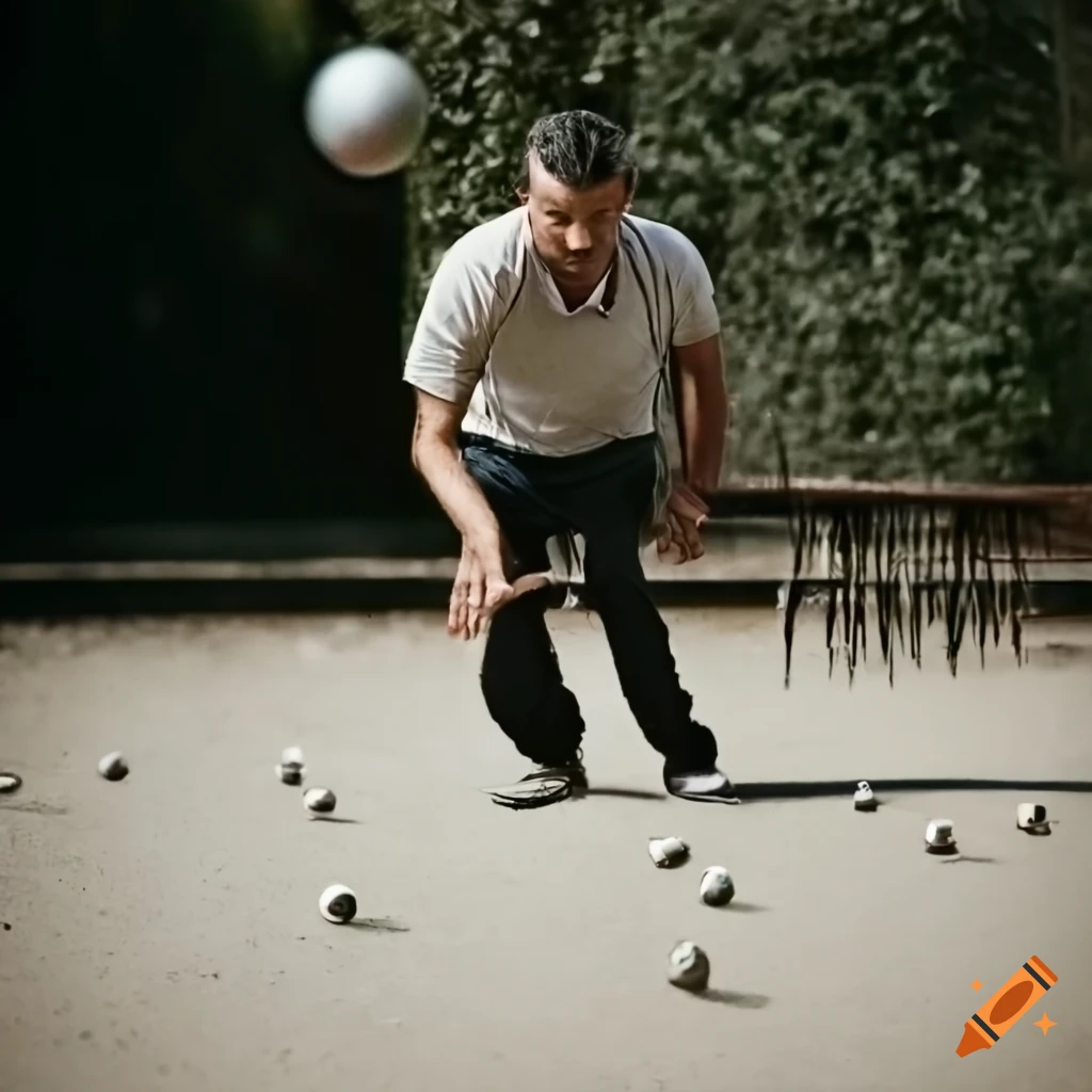 Photograph of a petanque player in action on Craiyon