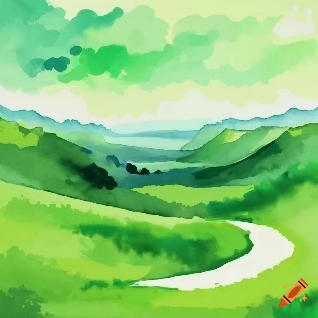 Watercolor painting of a path leading to green rolling hills on Craiyon
