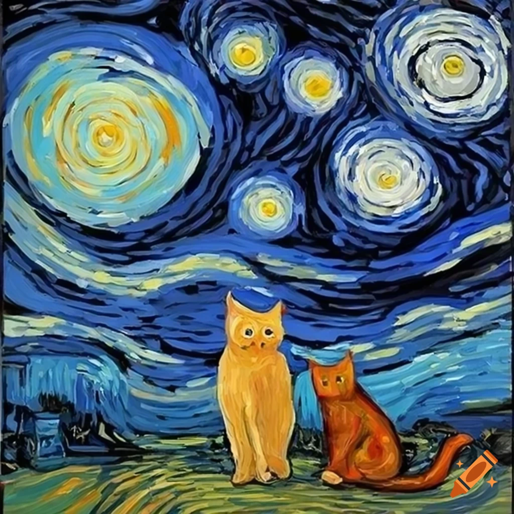 Van gogh style painting of two cats under a starry night on Craiyon