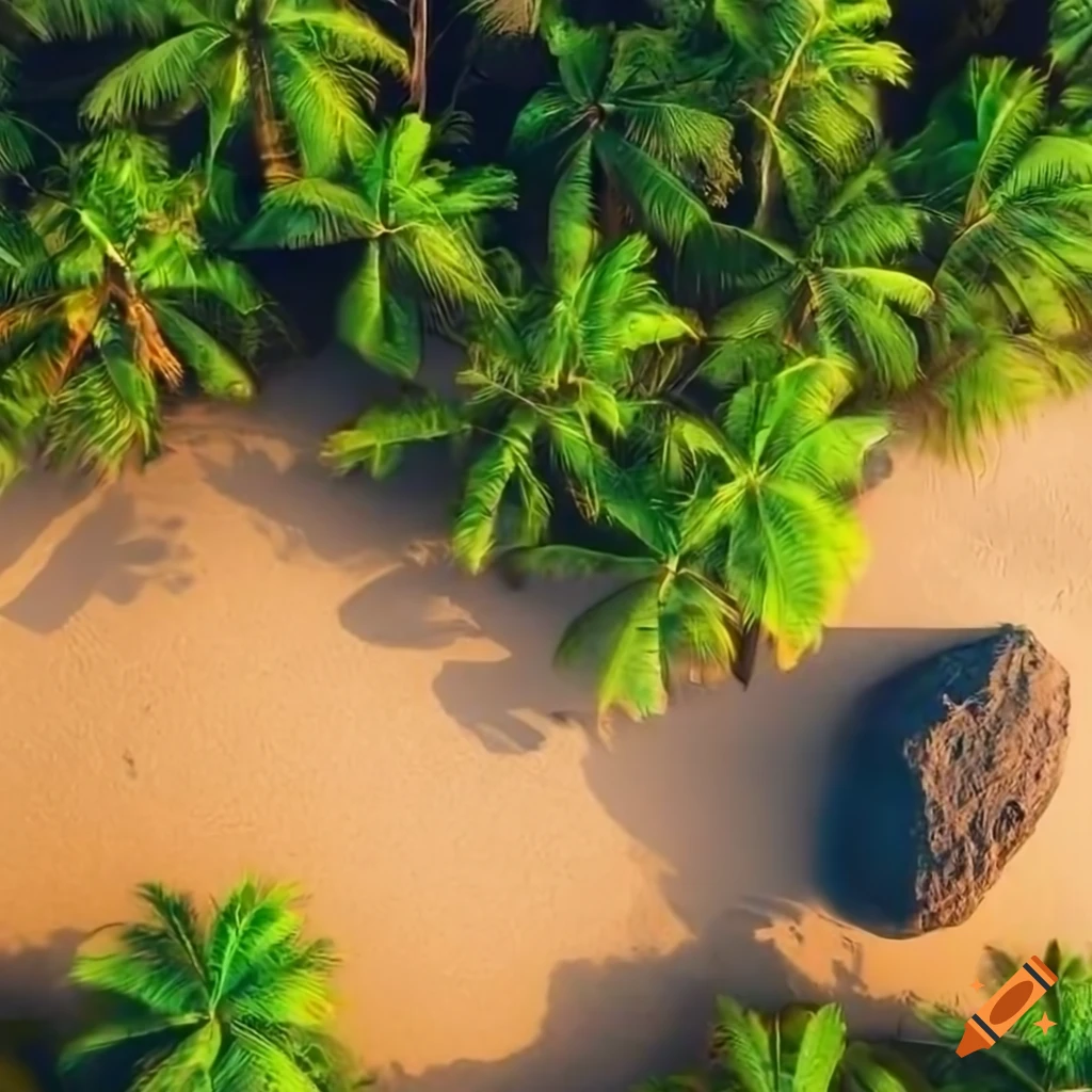 Top view of a sandy beach with rocks at the edge of a tropical forest ...