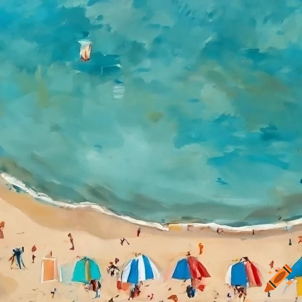 Aerial oil painting of people on a beach on Craiyon