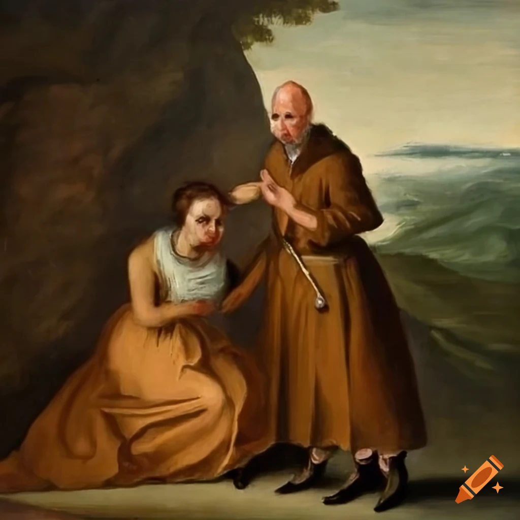 Painting of a bearded monk confronting a woman on a hilltop on Craiyon