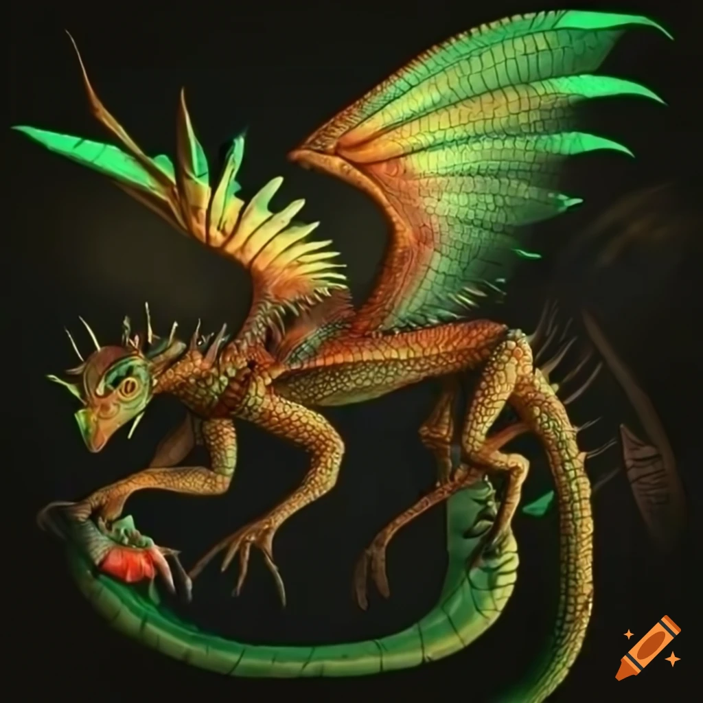 Illustration of a whimsical forest insect-dragon hybrid creature on Craiyon