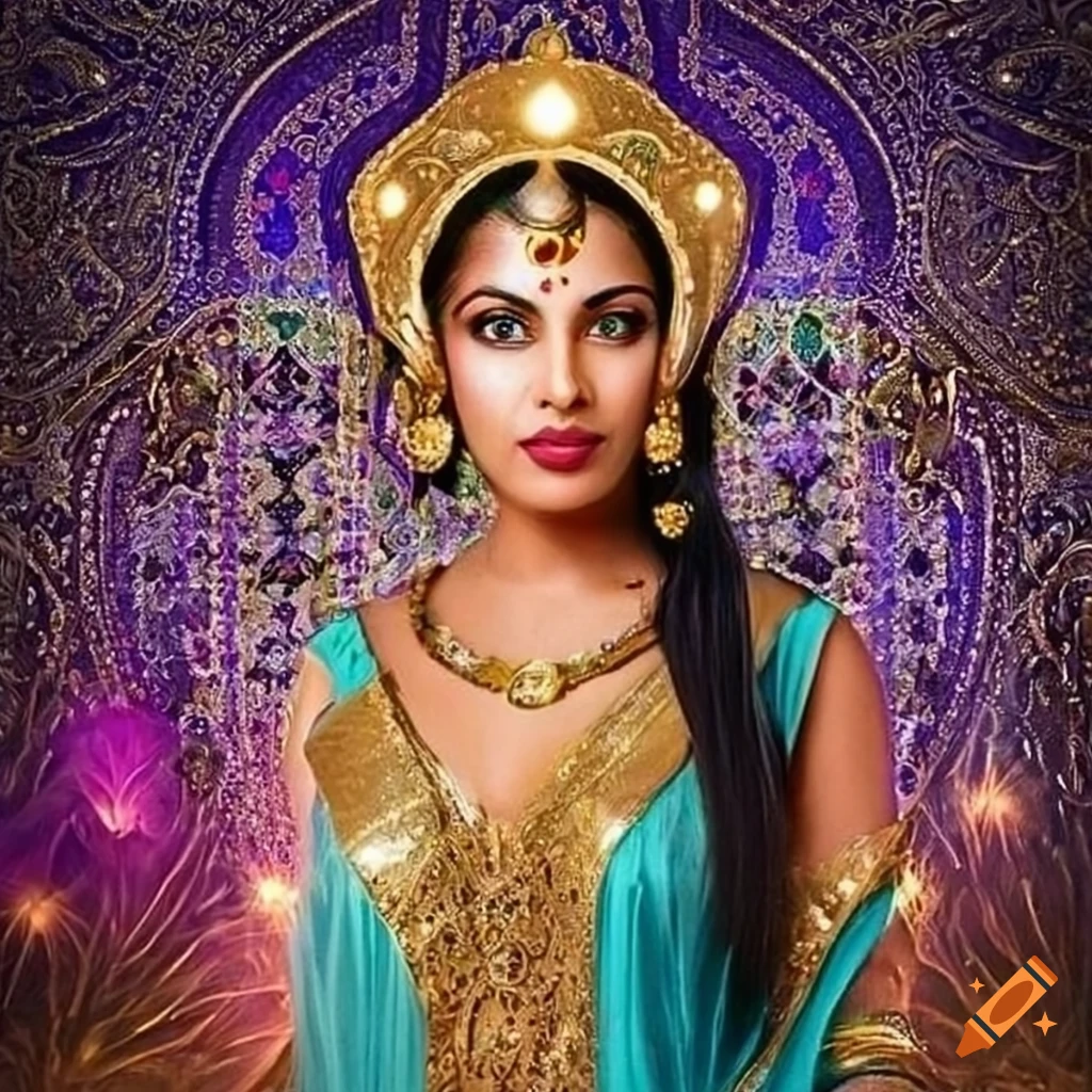 Detailed illustration of a female genie surrounded by magical Persian ...