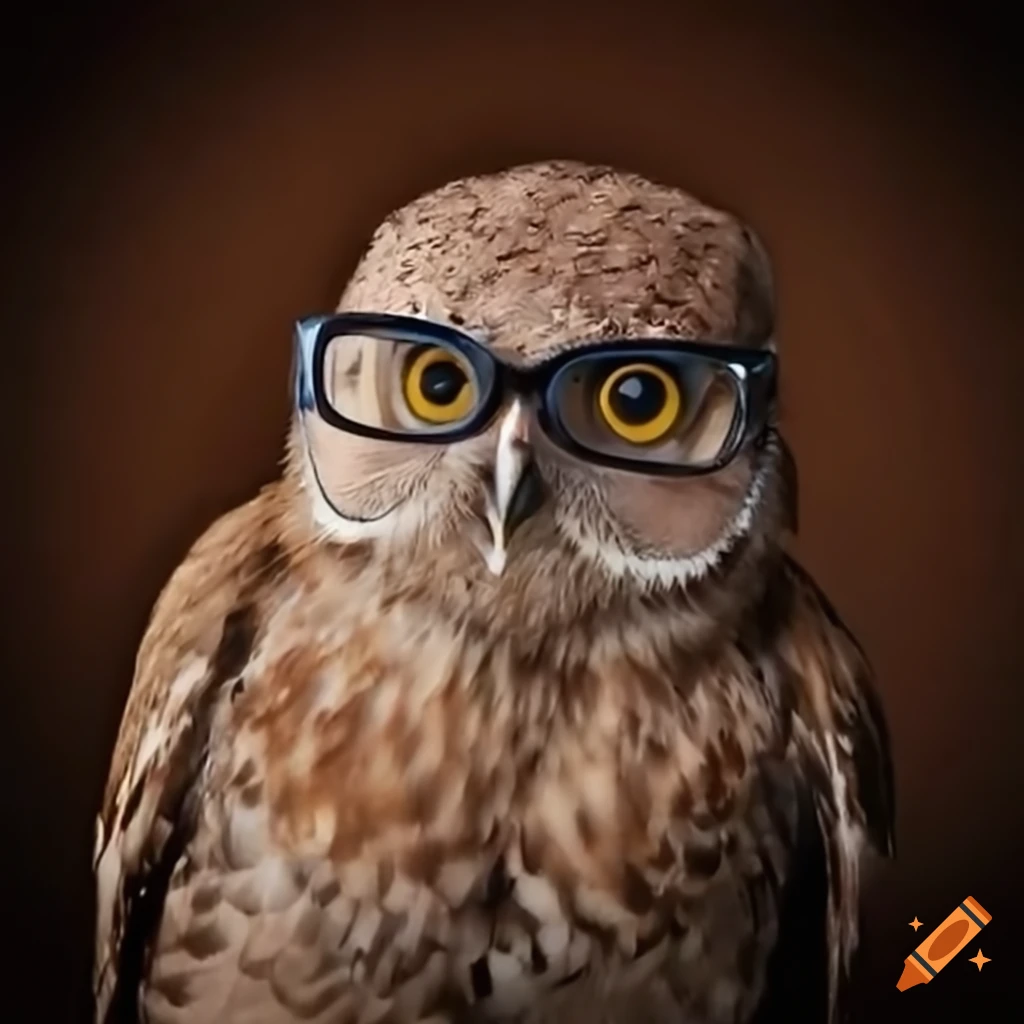 Portrait of a bald man with glasses and owl-like features