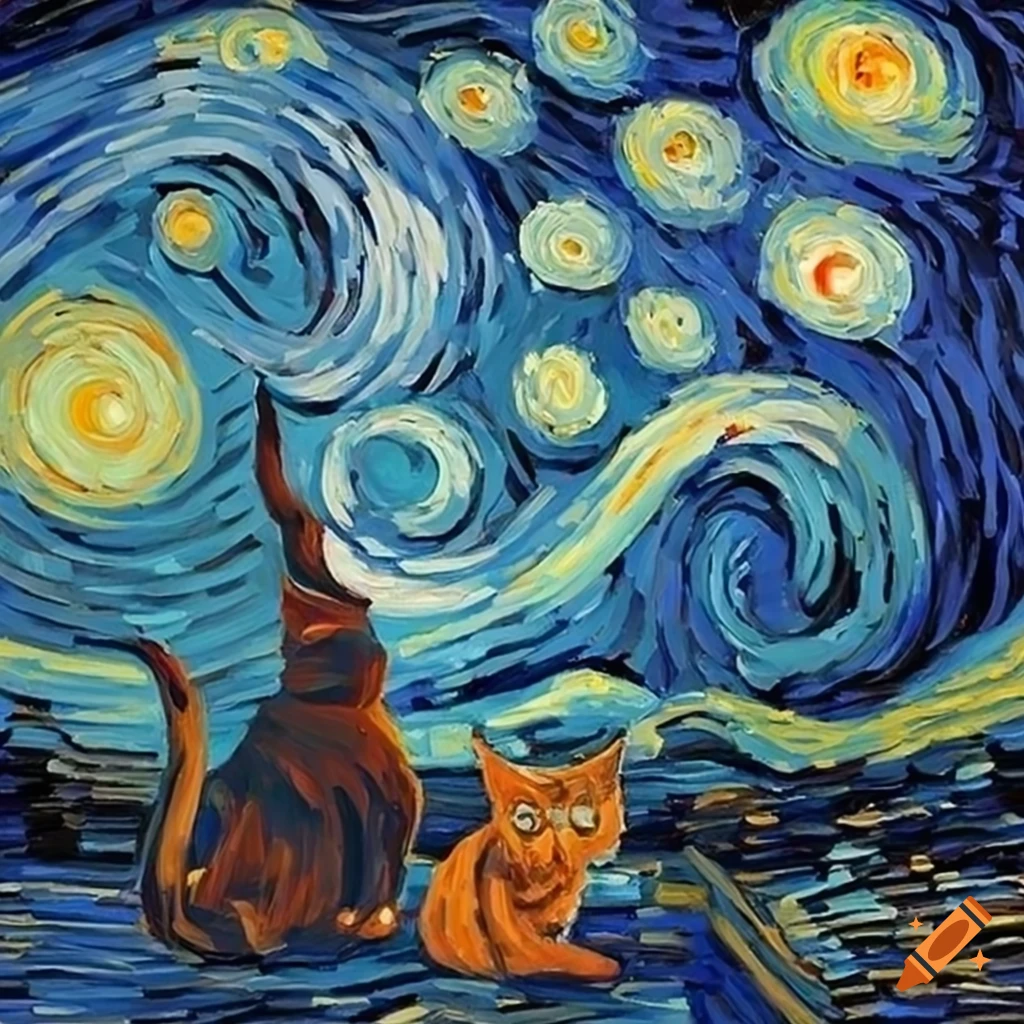 Van Gogh style painting of two cats under the starry night on Craiyon