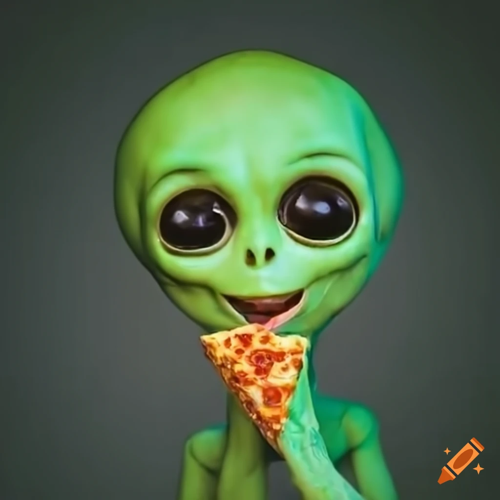 Cute green alien enjoying pizza on Craiyon