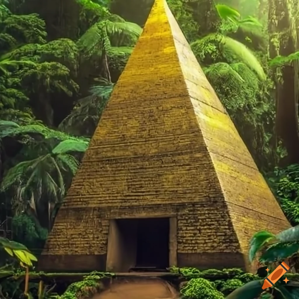 Golden pyramid in a lush tropical forest on Craiyon