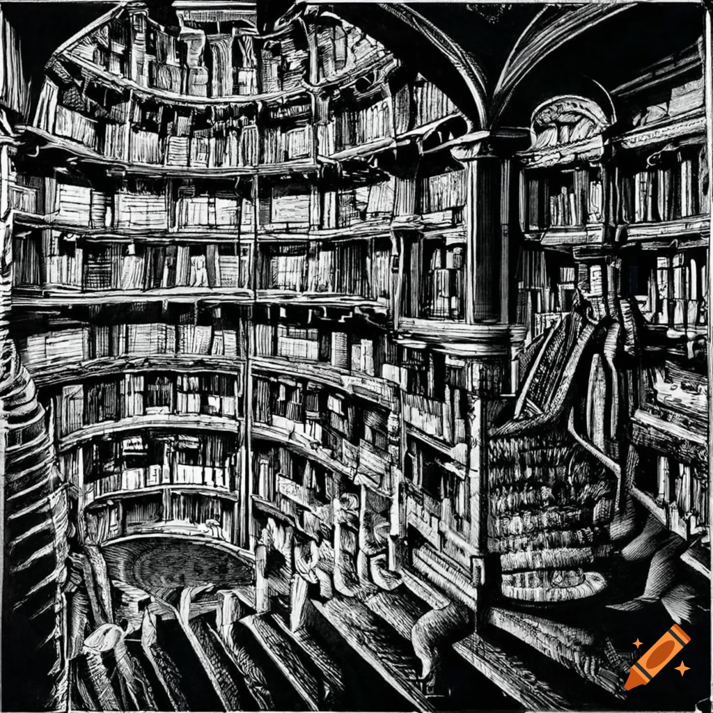 A library with optical illusion artwork on Craiyon