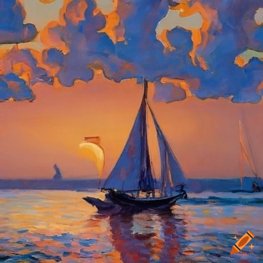Impressionist painting of a sailboat at sunset on the waves on Craiyon