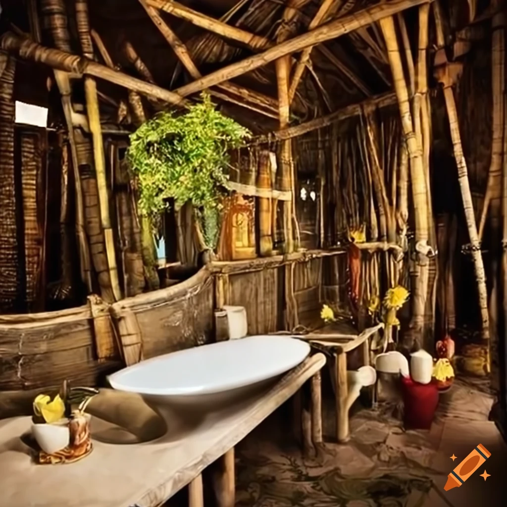Bathroom with bamboo design and beautiful flowers on Craiyon
