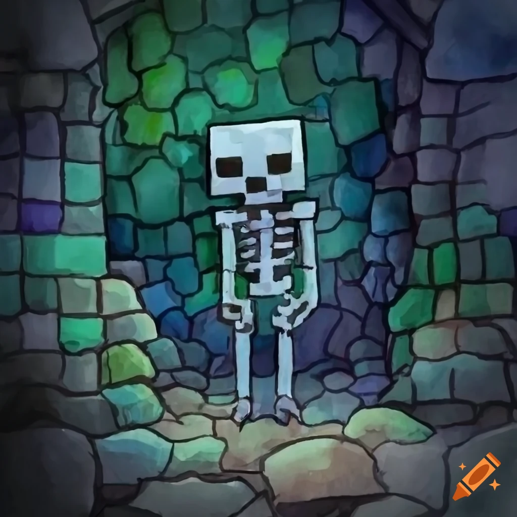 Watercolor of a minecraft skeleton in a cave
