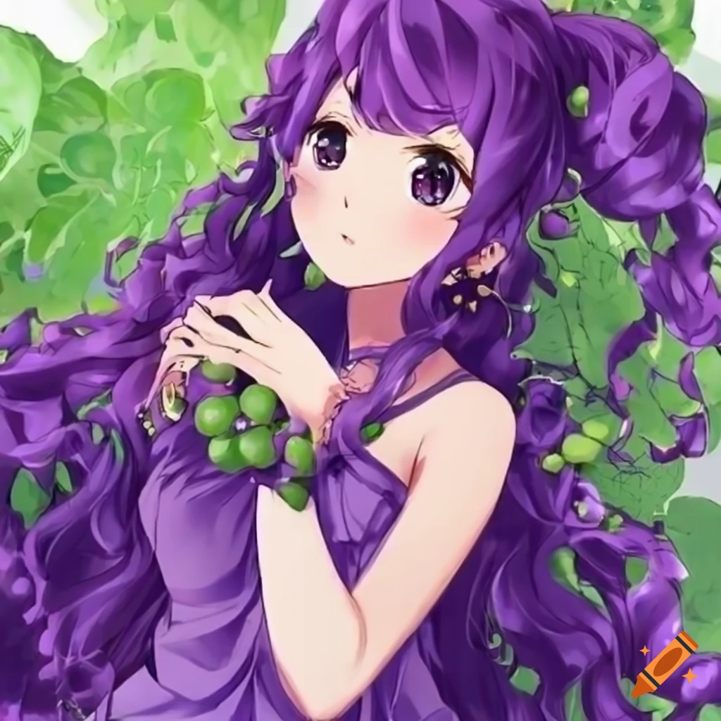 Anime girl with purple hair and grape accessories on Craiyon