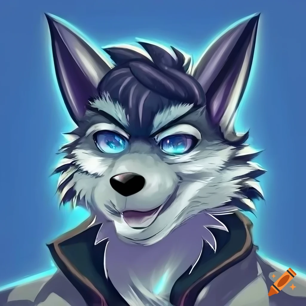 Anime-style portrait of a silver-furred anthro wolf on Craiyon