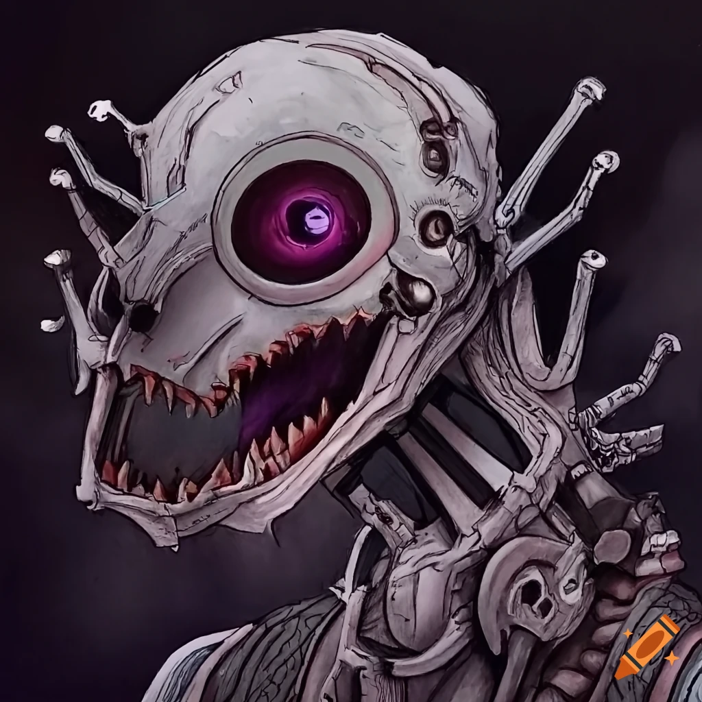 Pencil drawing of a mechanical scp monster