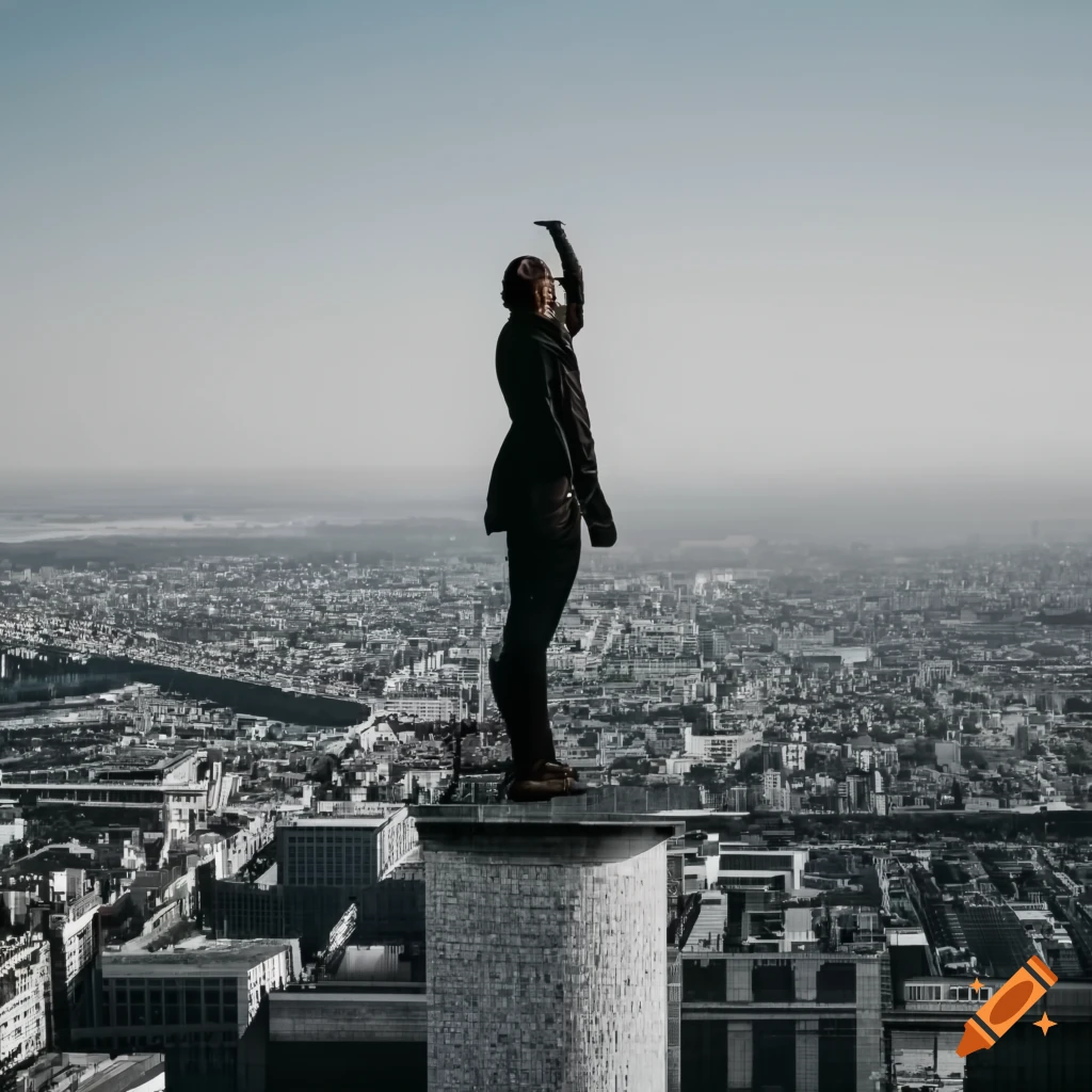 Person overlooking city from the top of a building on Craiyon