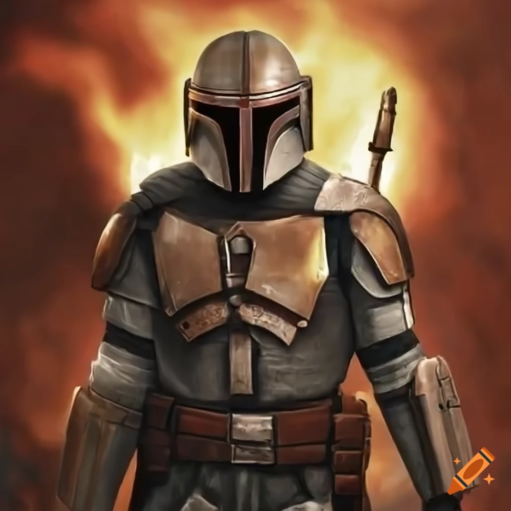 Man in Templar-mandalorian armor amidst fire and explosions on Craiyon
