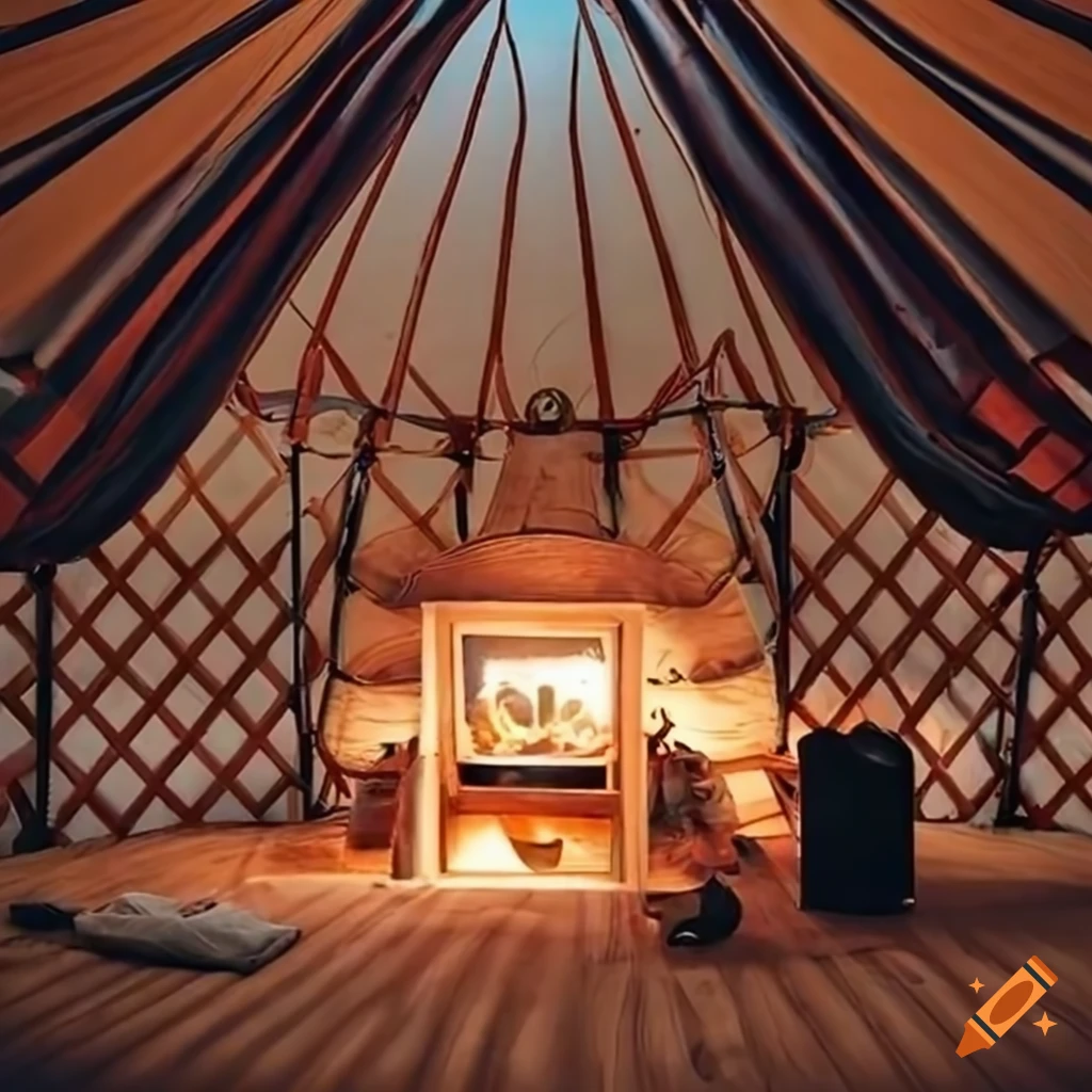 Cozy interior of a two-person yurt with a wood stove