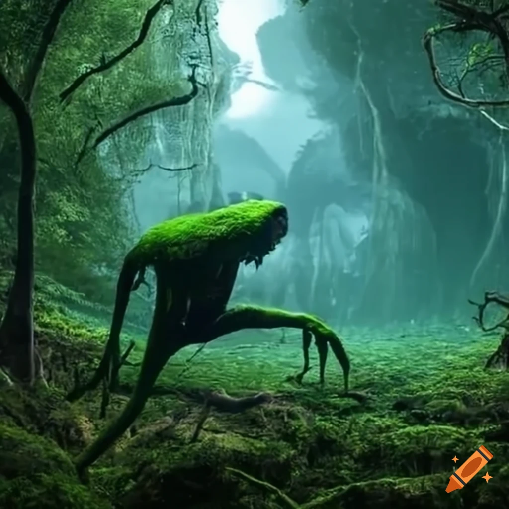 Alien creature walking through an alien rainforest on Craiyon