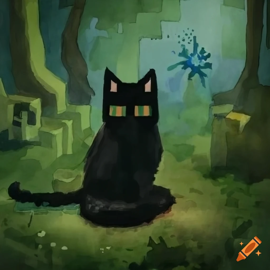 Watercolor of a black cat in a mystical witch hut in a Minecraft swamp ...