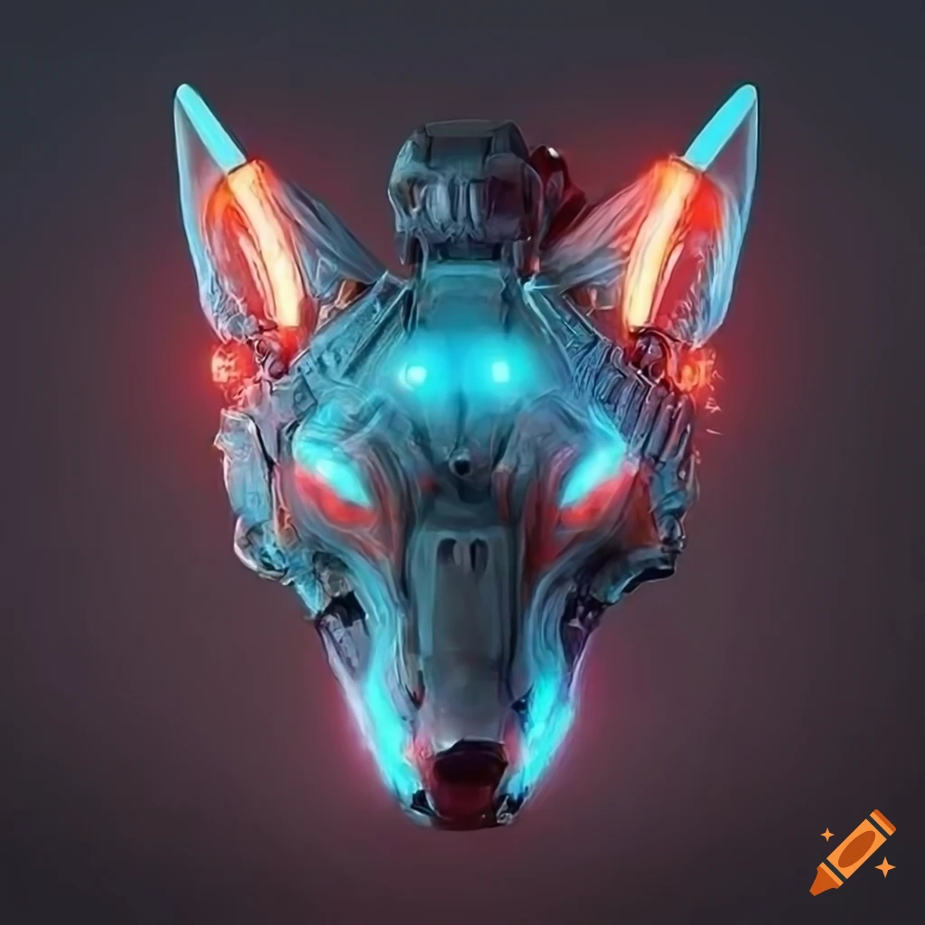 Robotic fox head with glowing red parts on Craiyon