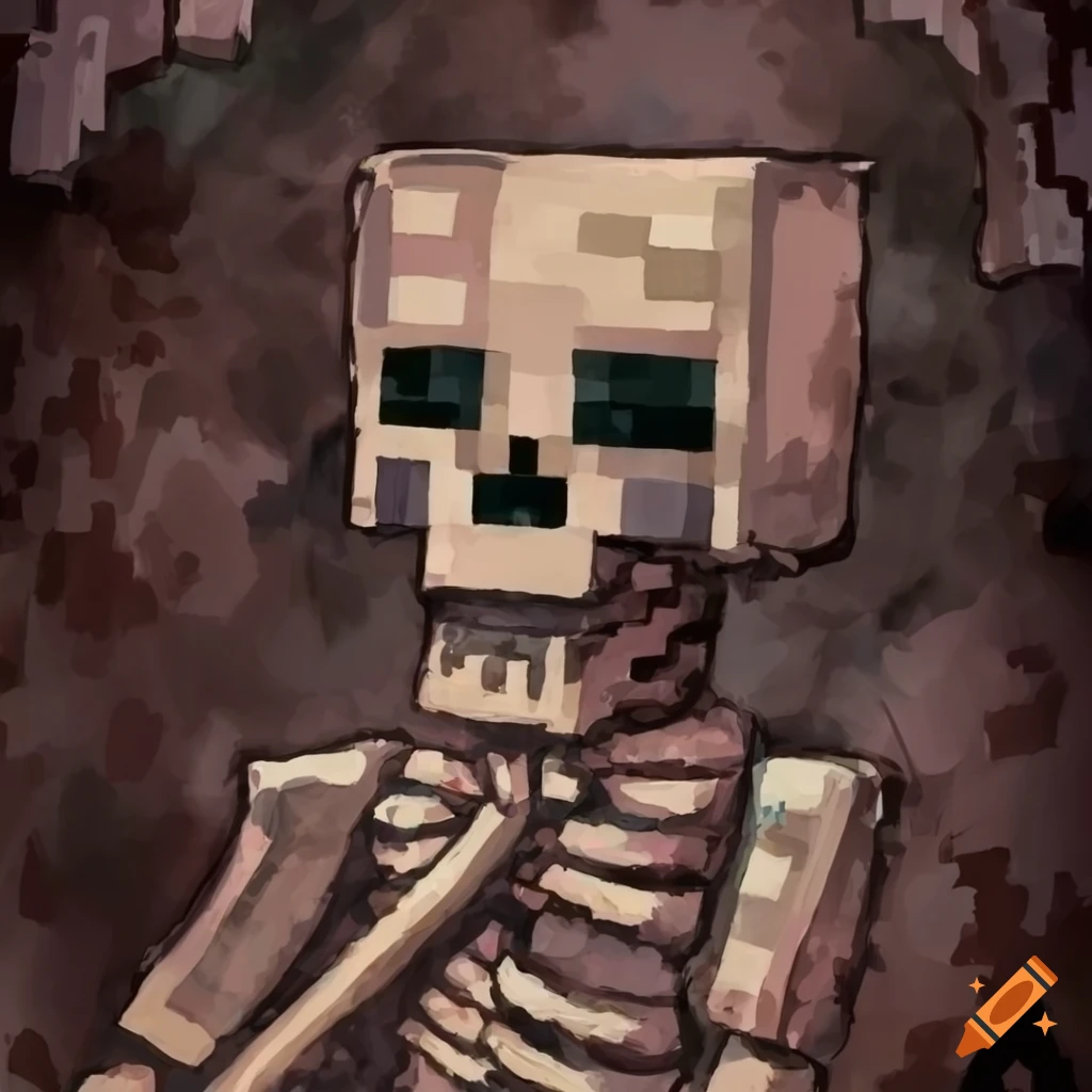Watercolor of a minecraft skeleton in a cave