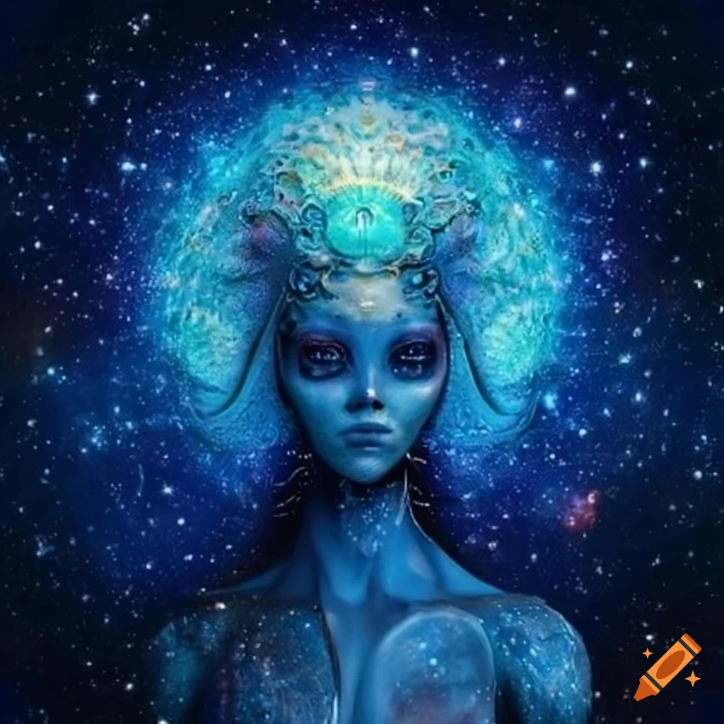 Artistic depiction of an alien queen with seashells on Craiyon