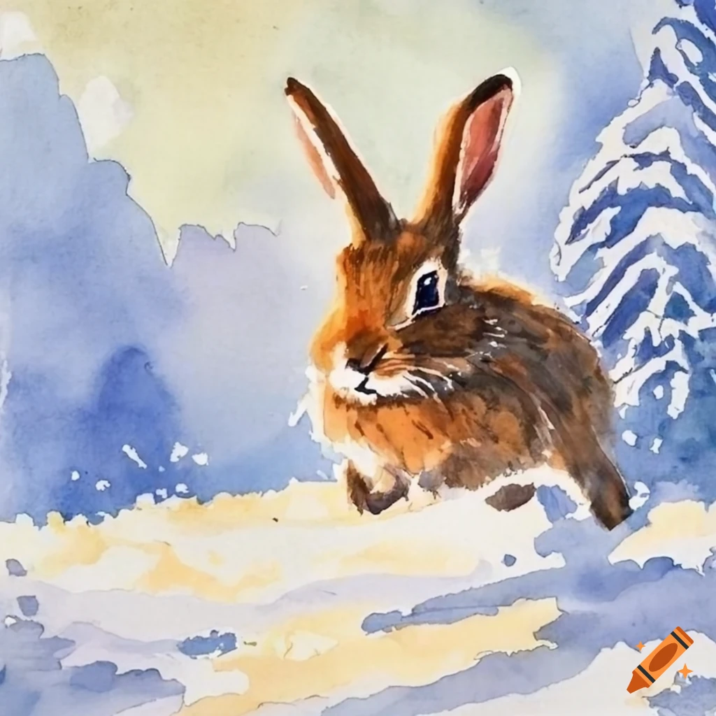 Watercolor painting of a running rabbit in the snow on Craiyon