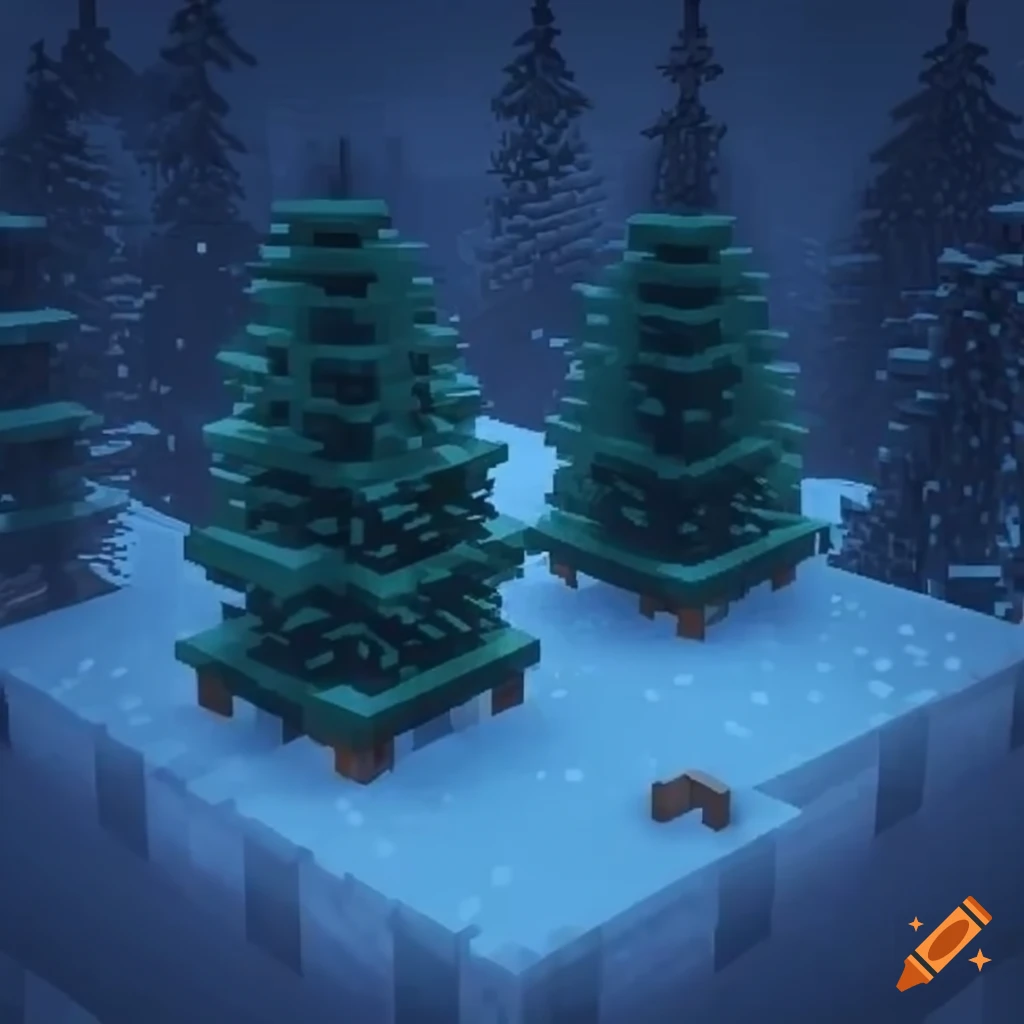 Minecraft winter wonderland with snowy trees and icy lakes