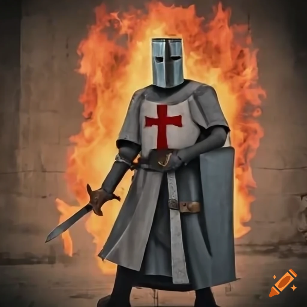 Image of a Templar warrior with a sword in a fiery battlefield on Craiyon