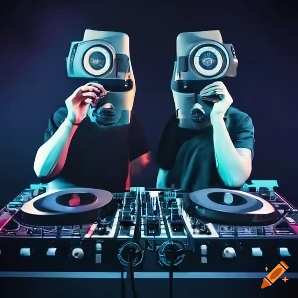 Live performance of DJs mixing music on stage on Craiyon