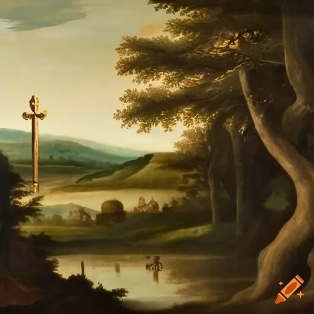Framed Renaissance landscape with cross and trees on Craiyon