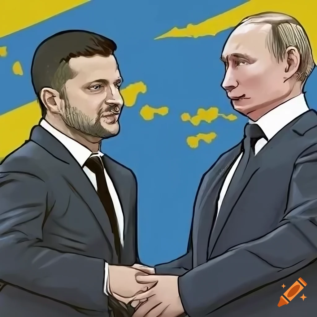 Manga-style illustration of Putin and Zelenskyy on Craiyon