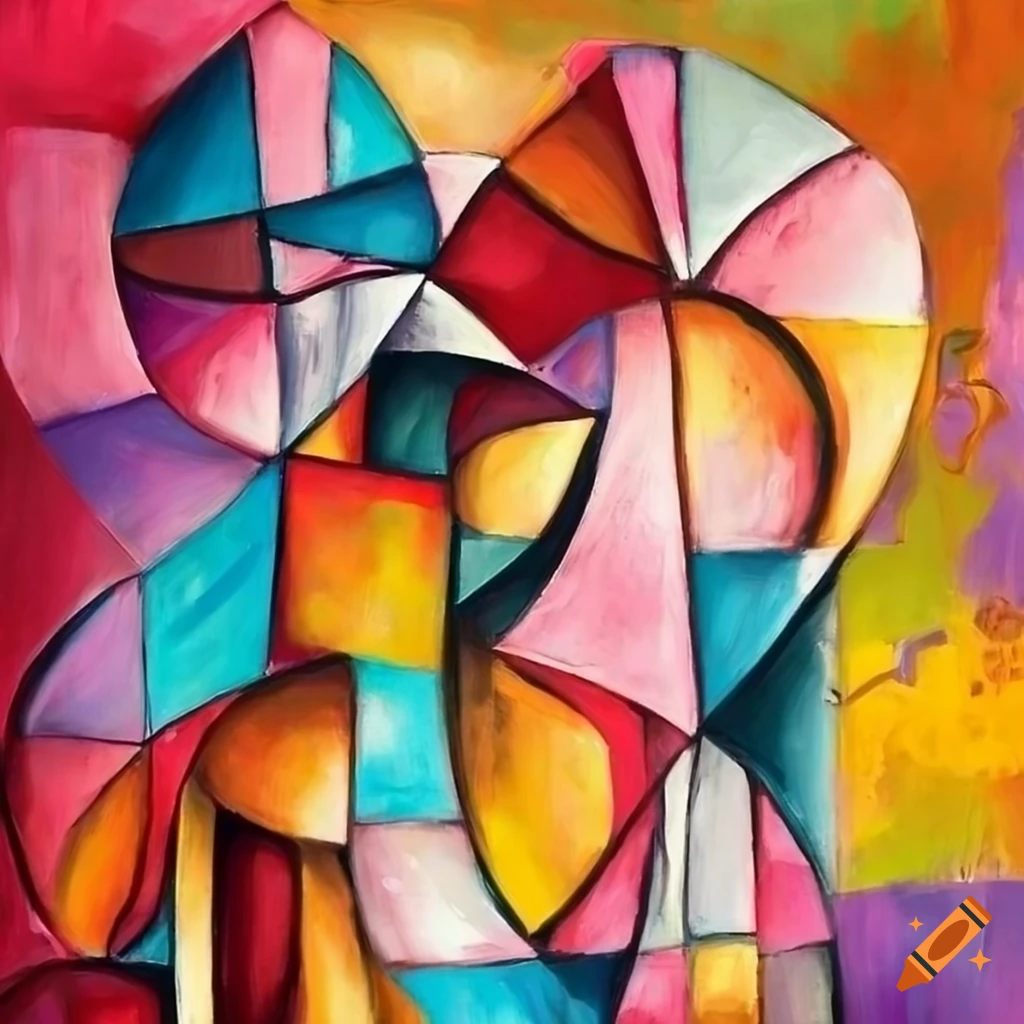 Colorful cubist painting of intertwined objects on Craiyon