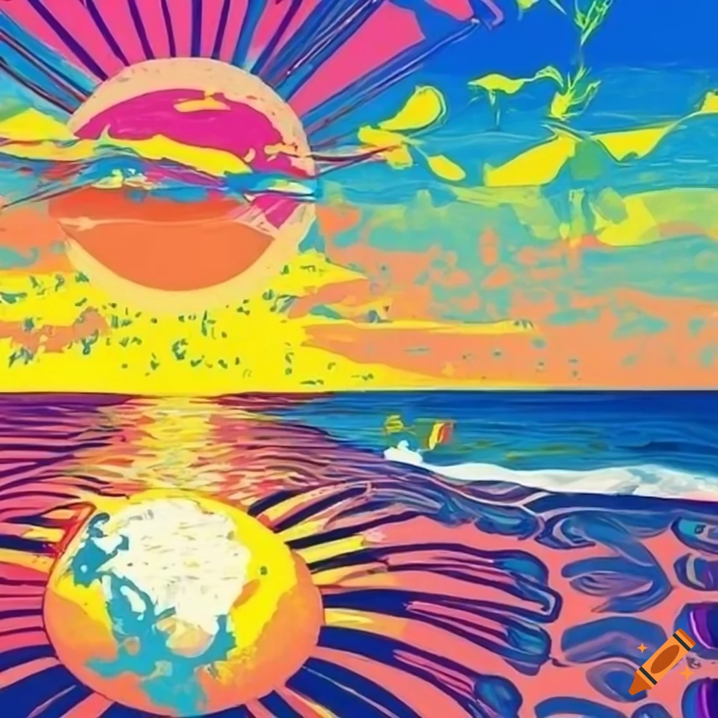 Sun-kissed pop art with beach scene motifs on Craiyon
