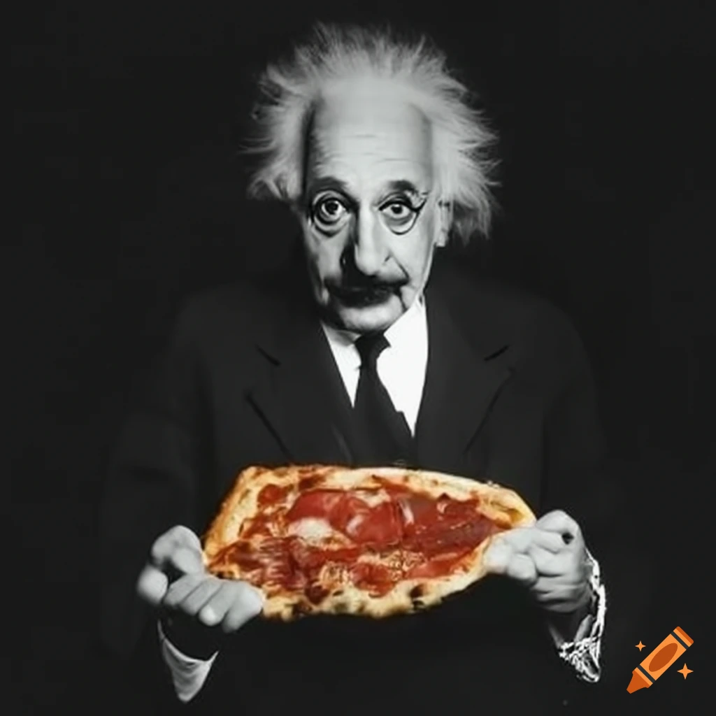 Einstein enjoying a slice of pizza