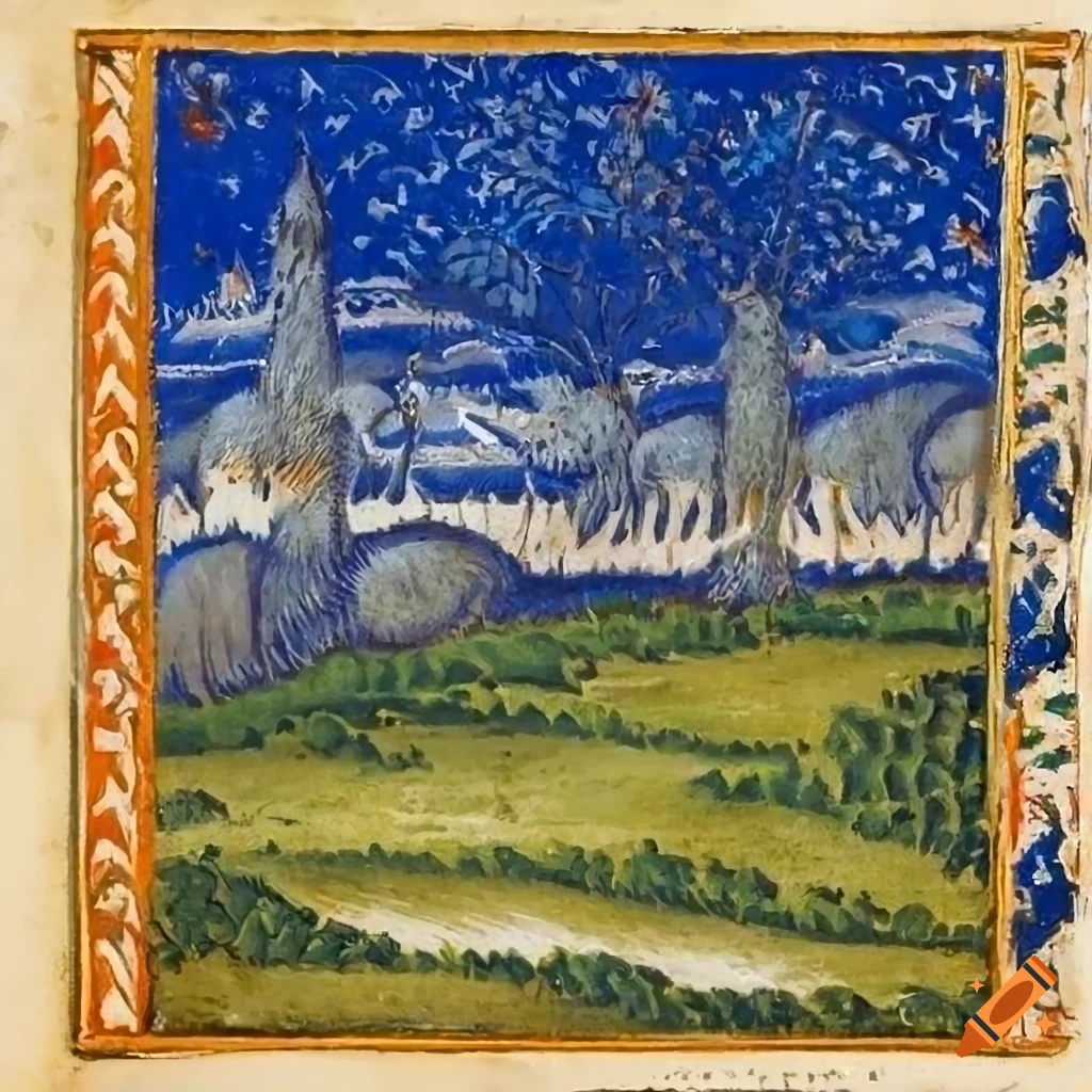 Illuminated manuscript of werewolves in a scenic landscape on Craiyon