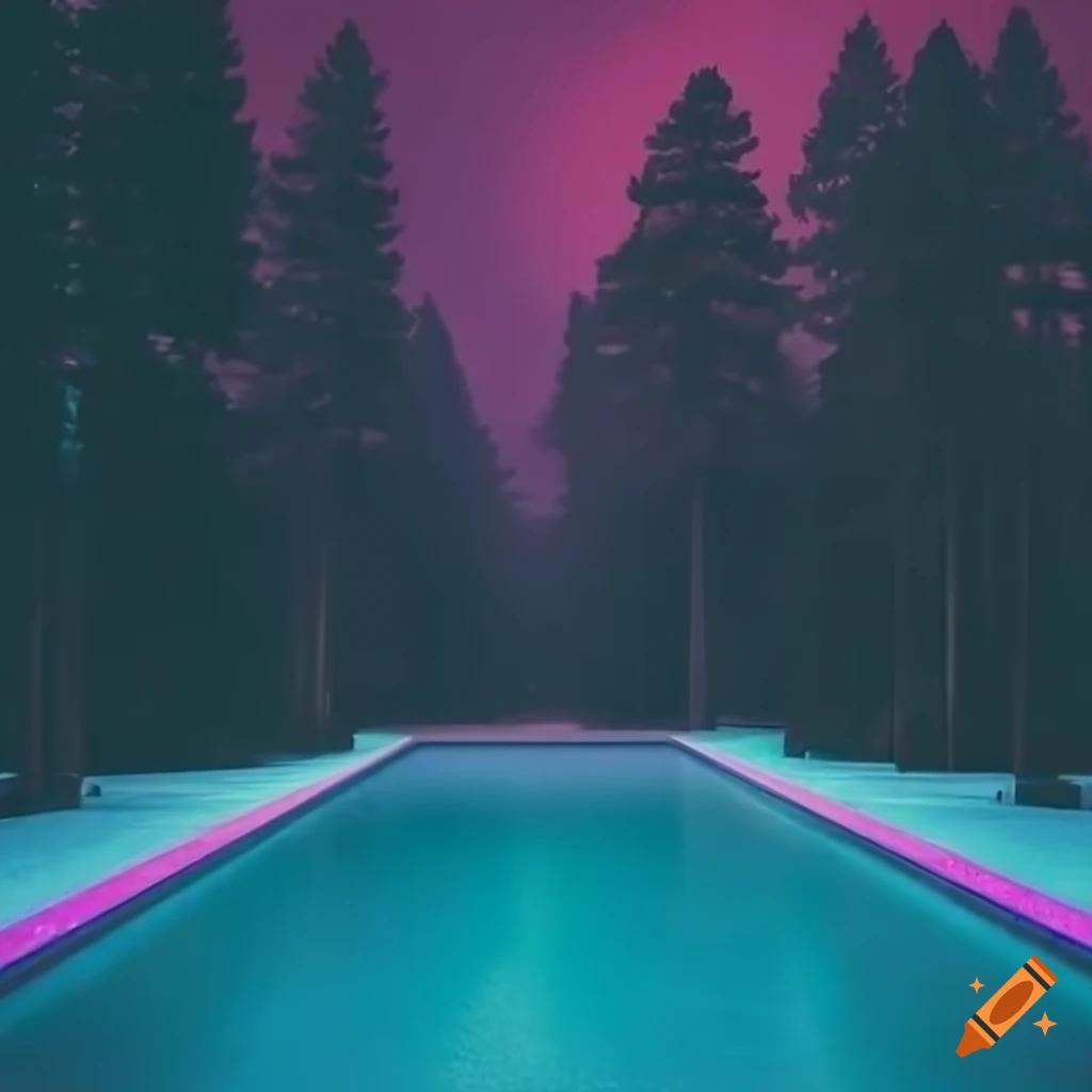 Synthwave style swimming pool with dark forest and thunderstorm on Craiyon