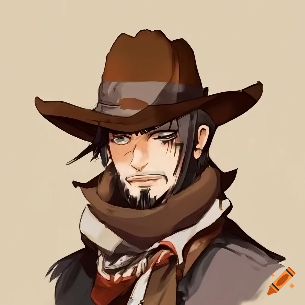 2d anime style cowboy character with a beard and short hair