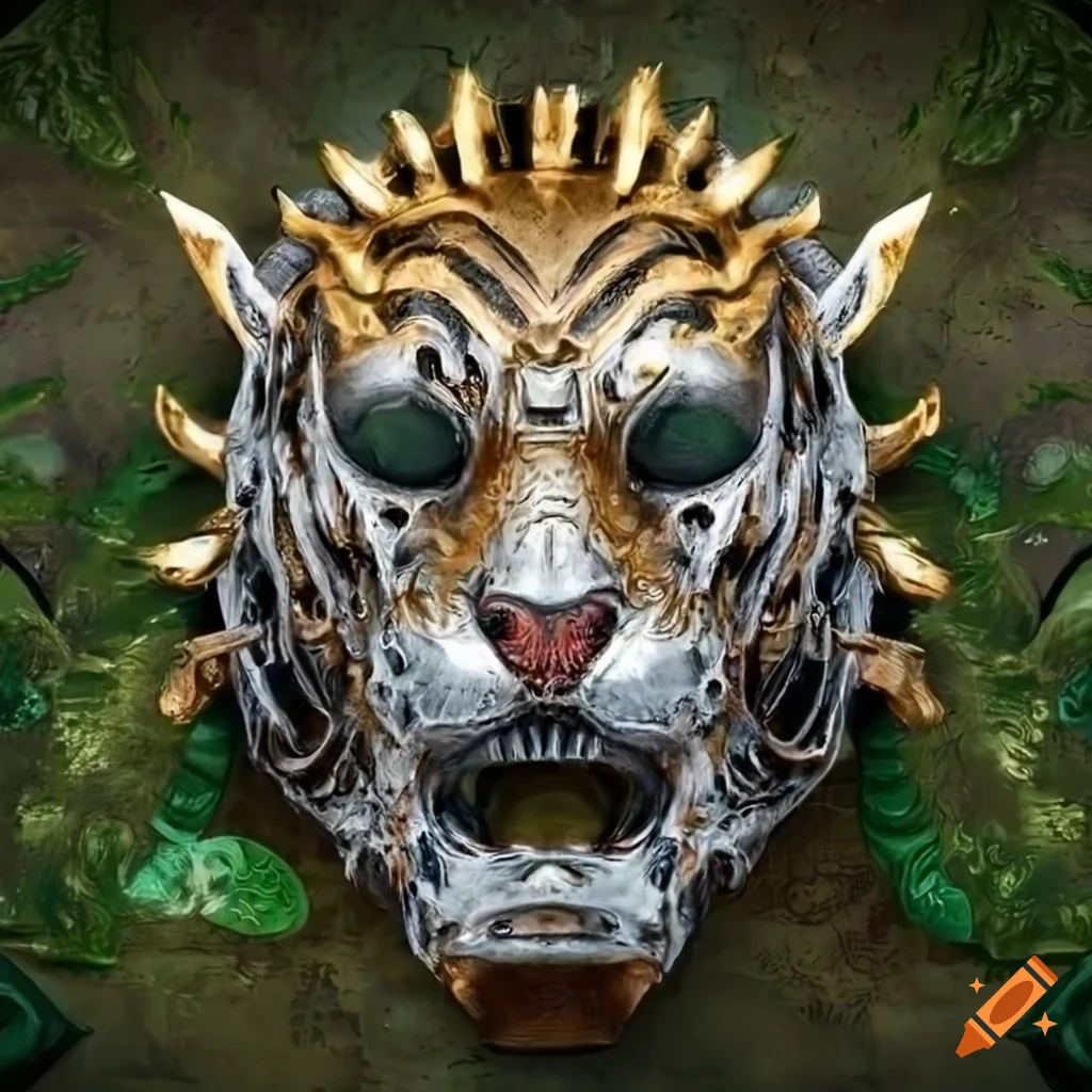 Chrome biomechanical tiger with golden canines on textured jungle ...