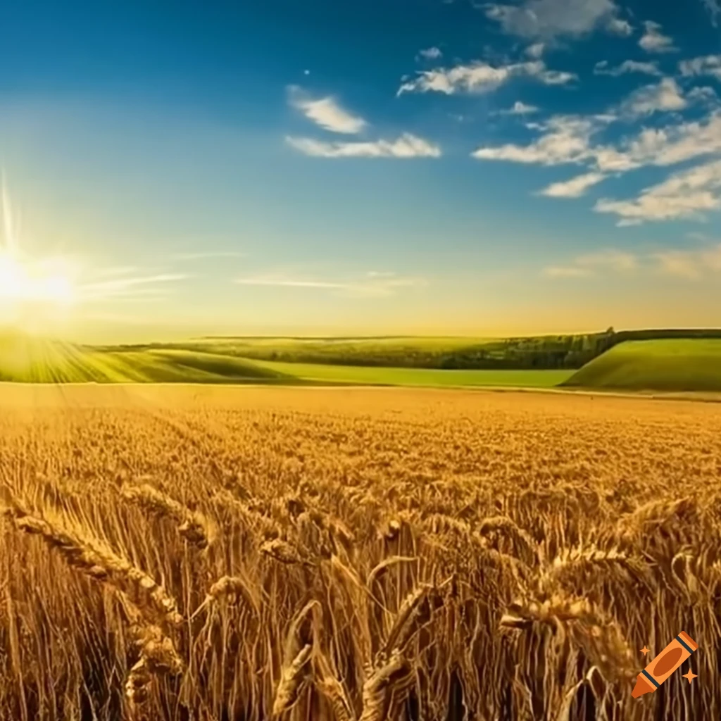 Golden wheat field under blue sky and bright sun on Craiyon
