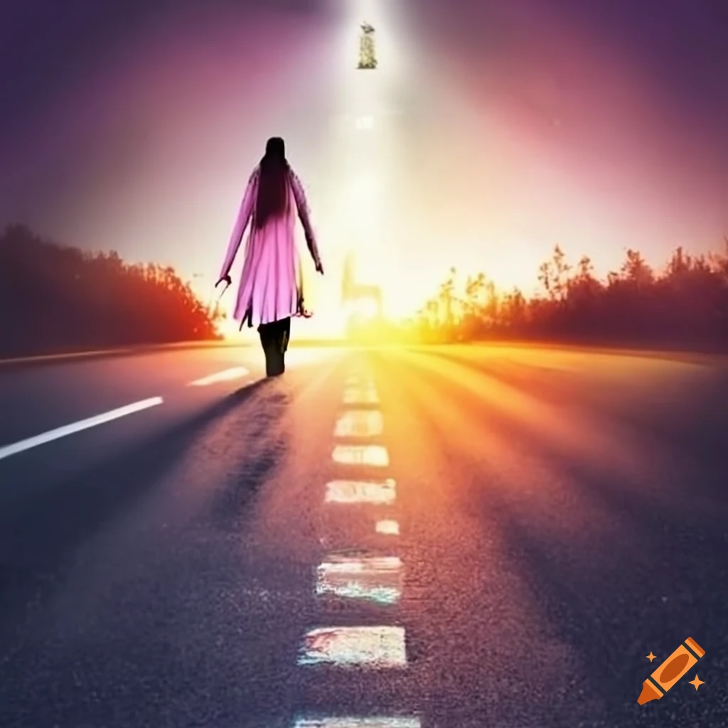 Image of a peaceful spirit walking on a road on Craiyon