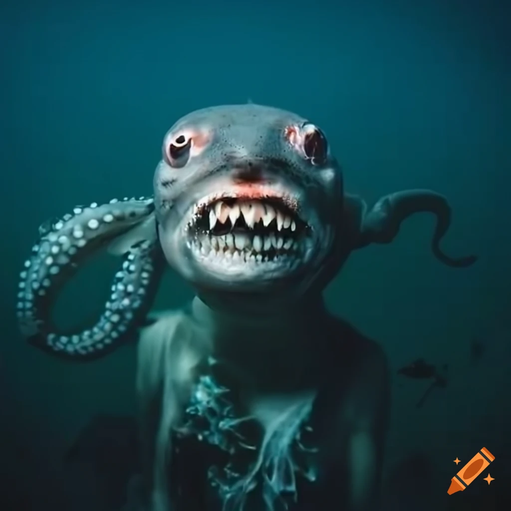 Creepy underwater humanoid monster with shark teeth on Craiyon